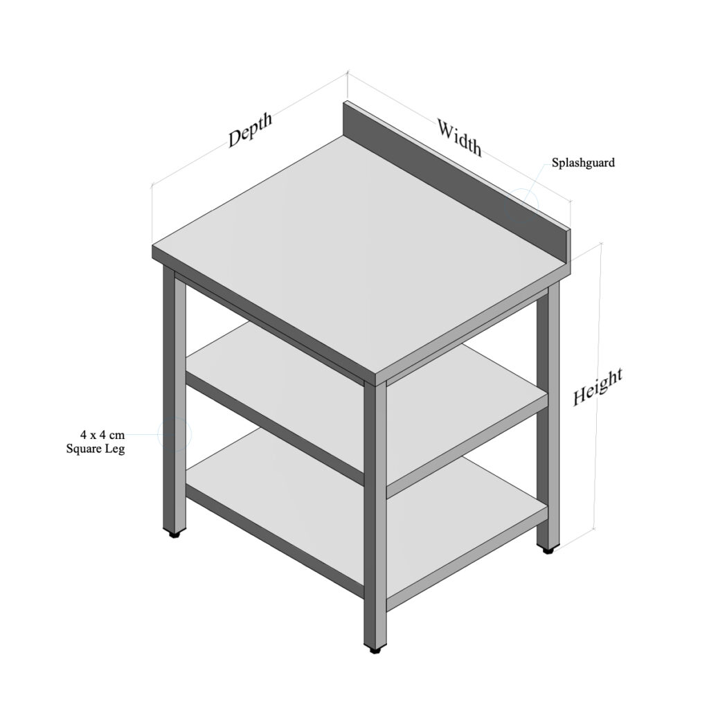 Stainless Steel Table with Backsplash, Middle and Bottom Shelf - Sofia ...